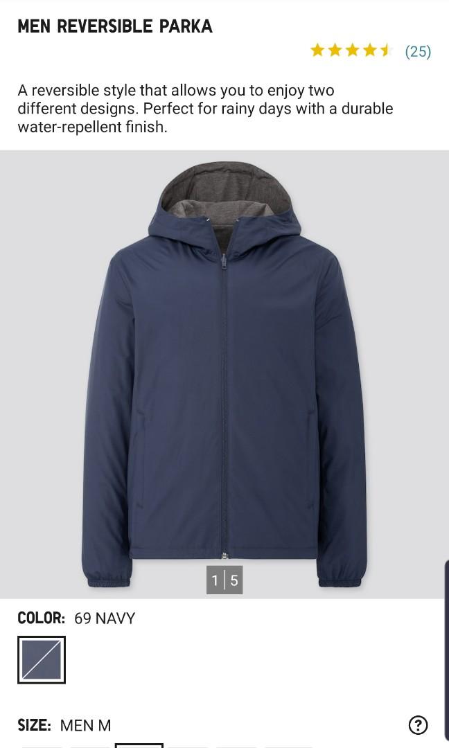 Uniqlo Reversible Parka Jacket - Medium - Blue/Gray, Men's Fashion ...