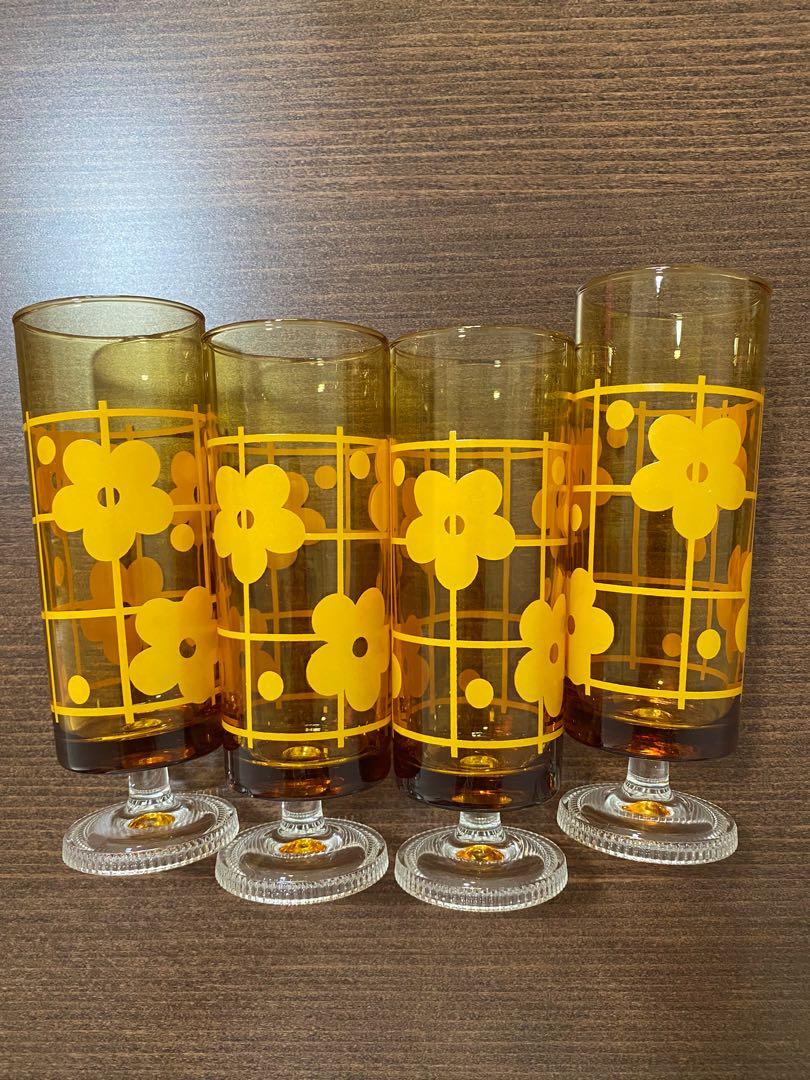 Vintage Aderia Retro Amber Flower Footed Glass Cups / Drinking Glass/ Tumblers (Made in Japan ...