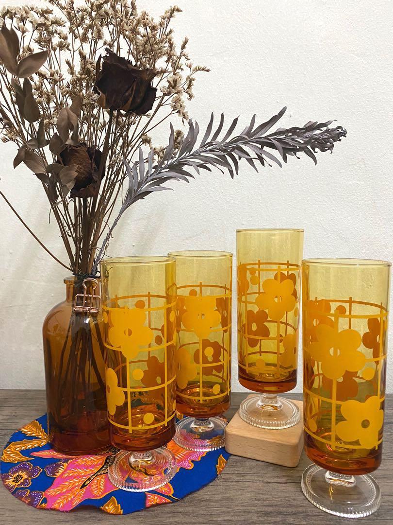 Vintage Aderia Retro Amber Flower Footed Glass Cups / Drinking Glass/ Tumblers (Made in Japan ...