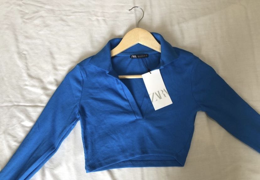 Zara v-neck long sleeves top (blue) WITH TAG, Women's Fashion, Tops ...