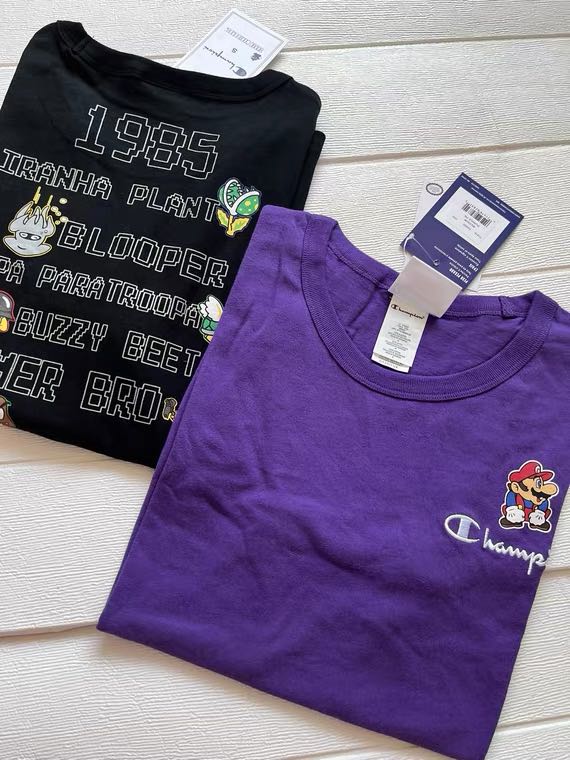 日本預訂 champion x super Mario logo tee, 男裝, 上身及套裝, T-shirt、恤衫、有領衫 - Carousell