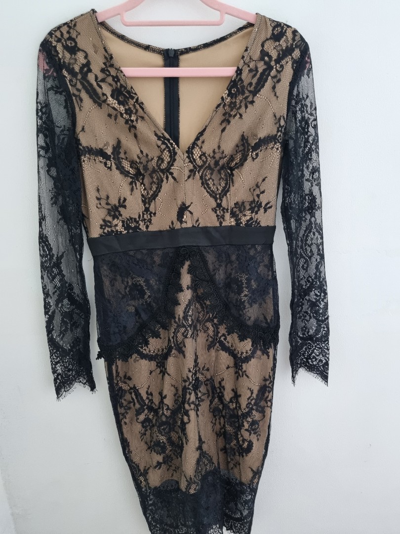 Black Lace and Skin Tone Body Con Spanish Dress, Women's Fashion ...