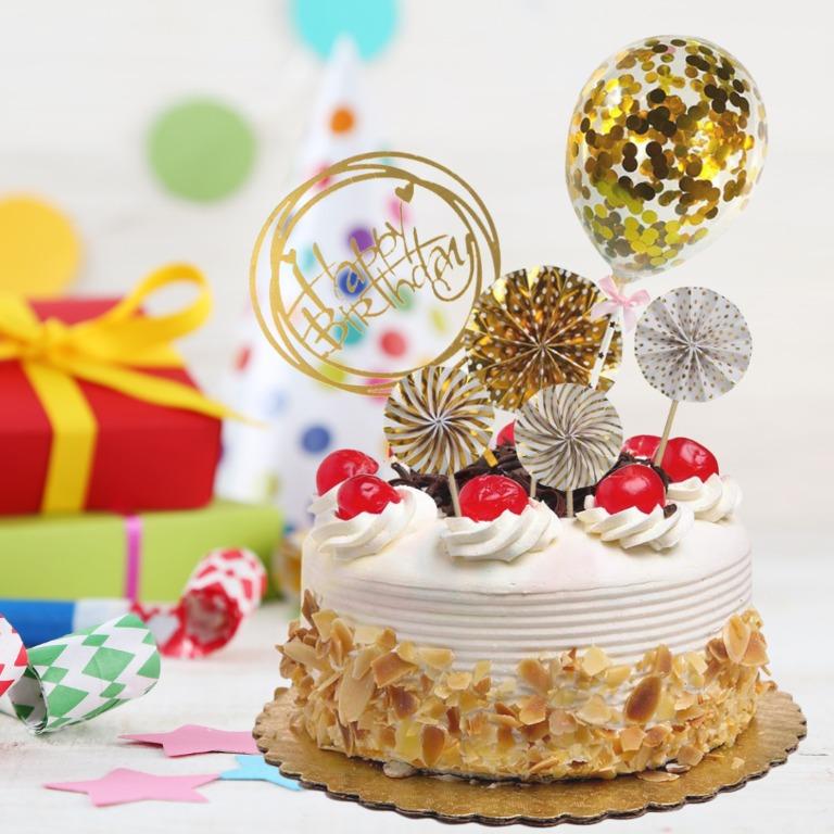 Gold Birthday Cake Toppers Set | Gold Confetti Balloon | Gold Paper Fan ...