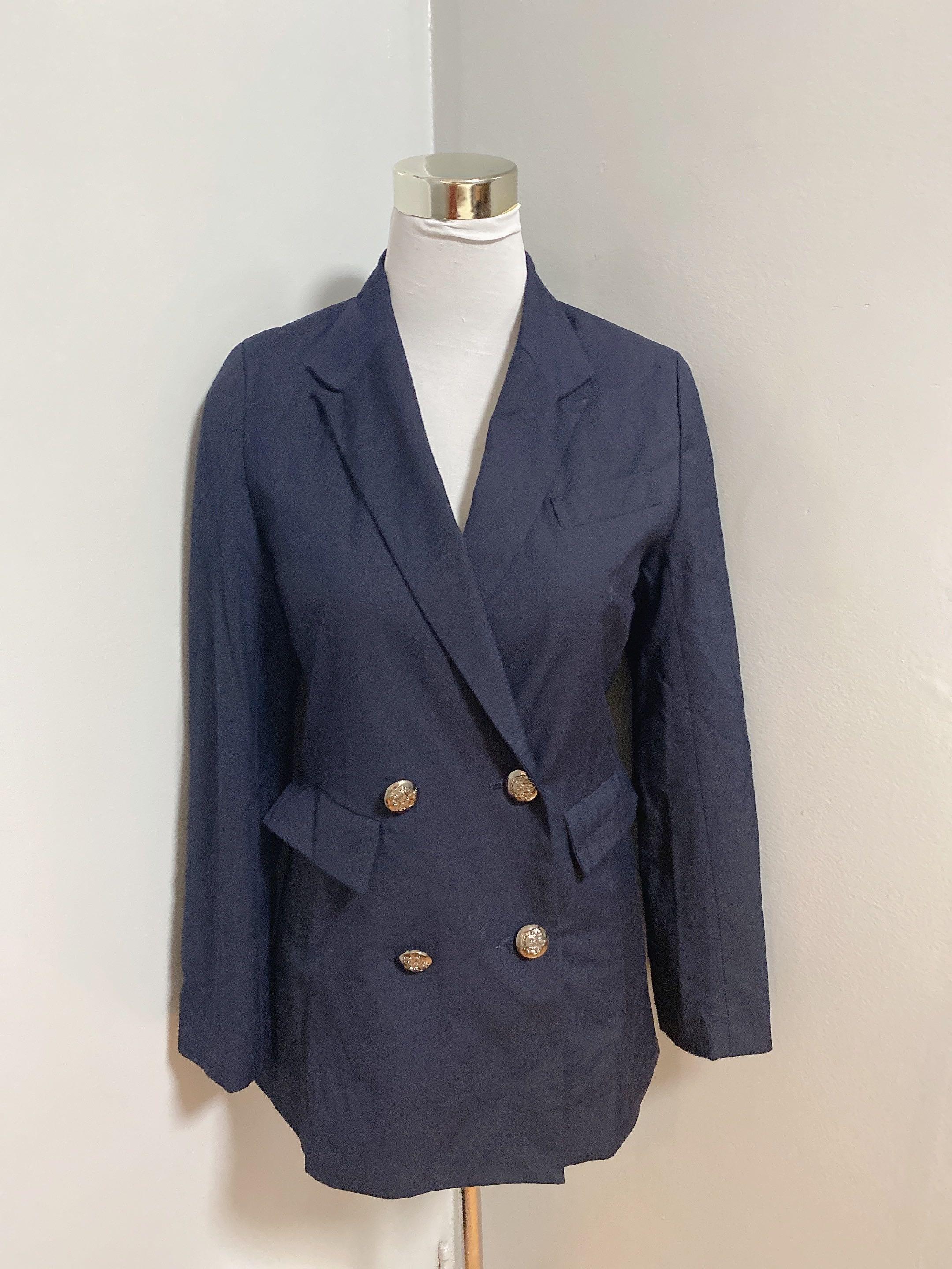 Navy blue double breasted long blazer, Women's Fashion, Coats, Jackets ...