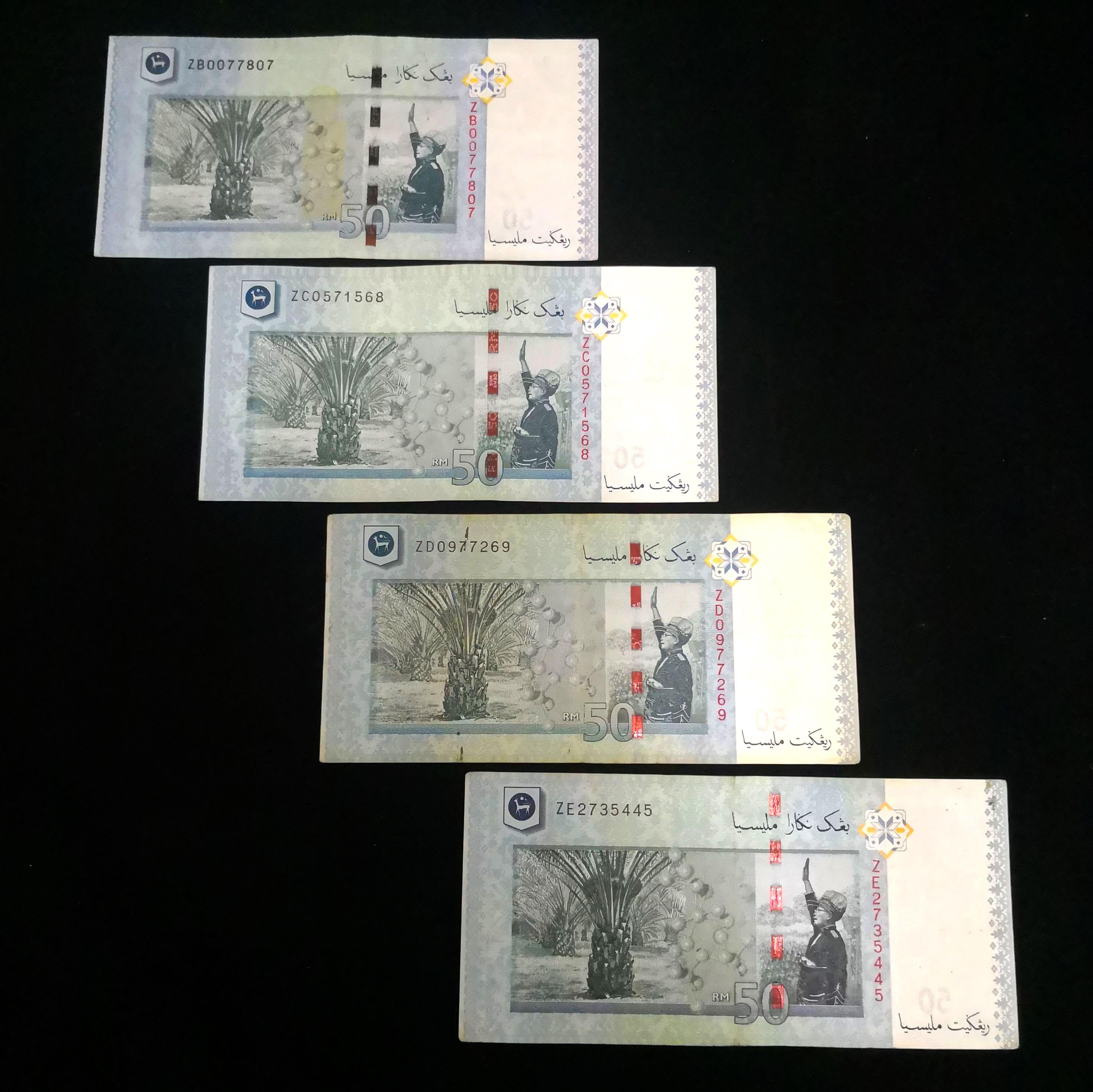 4 X Malaysia RM50 50 Ringgit 11th Series ZB + ZC + ZD + ZE replacement ...