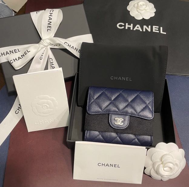 Chanel Small Classic Flap Wallet Navy Blue, Women's Fashion, Bags ...