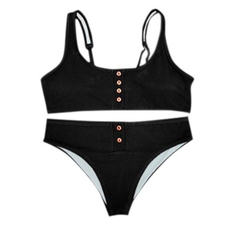 Buttons Two Piece Bikini Swimsuit in Black, Women's Fashion, Swimwear ...