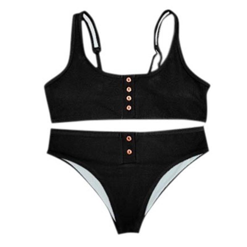 Buttons Two Piece Bikini Swimsuit in Black, Women's Fashion, Swimwear ...