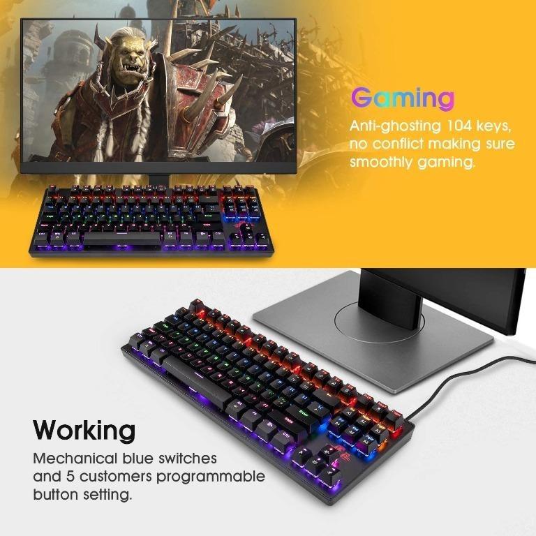 Rii RK908 7 color Mechanical Gaming keyboard 88 Keys LED backlit Wired ...