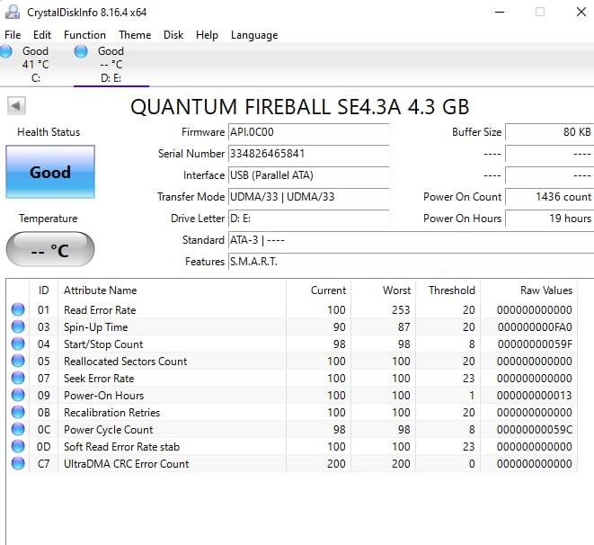 19 hour usage: QUANTUM FIREBALL SE4.3A 4.3 GB 3.5" IDE hard disk drive ...