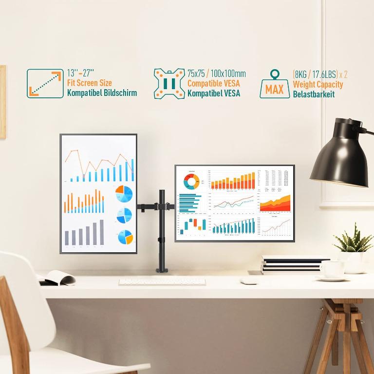 "ELIVED Dual Monitor Arm for 13-27 inch LED LCD Flat/Curved Screens ...