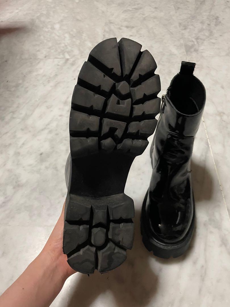 Black chunky platform pvc glossy boots ankles high rise calf punk rock ...