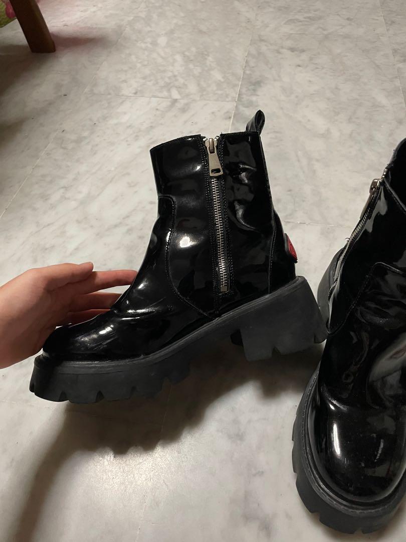 Black chunky platform pvc glossy boots ankles high rise calf punk rock ...