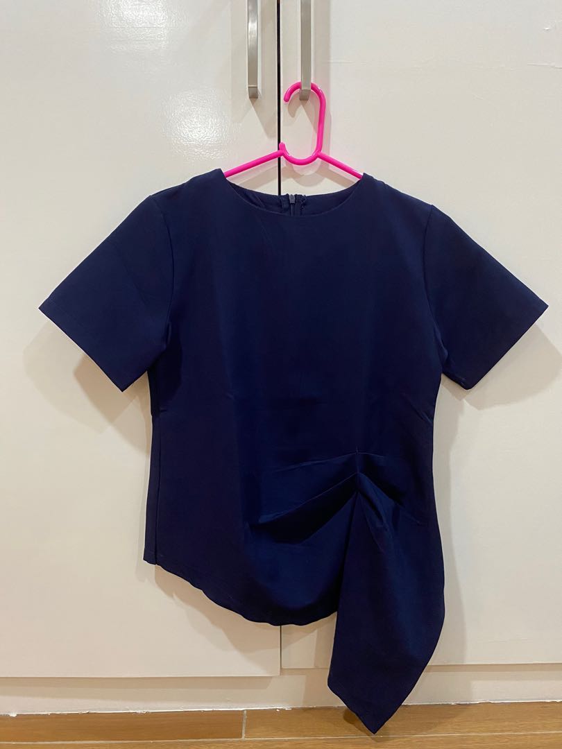 Dark blue ribbon peplum formal office top, Women's Fashion, Tops ...