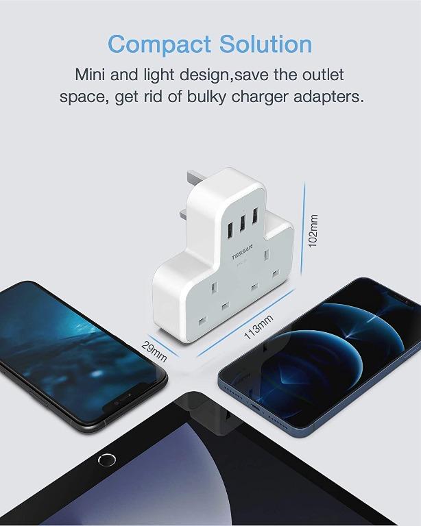 Plug Adapter with 3 USB Plug, TESSAN Double Plug Adaptor Extension Plug ...