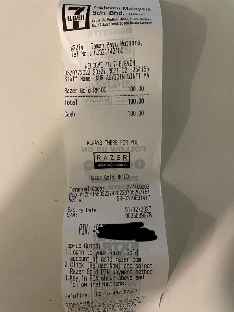 Razer Gold Pin RM100, Video Gaming, Gaming Accessories, Game Gift Cards ...