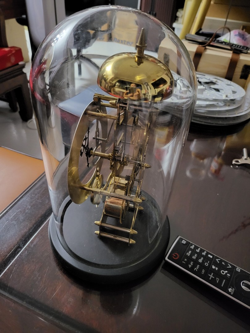 Mechanical wind up clock skeleton under glass dome, Furniture & Home ...