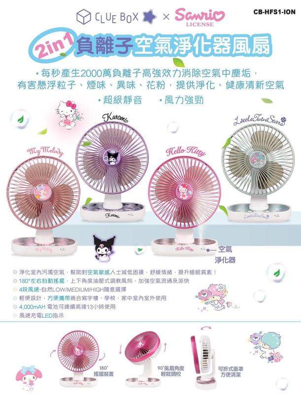 Clue Box X Sanrio 2合1 負離子空氣淨化器座枱風扇, 傢俬＆家居, 燈飾及風扇, 風扇 - Carousell