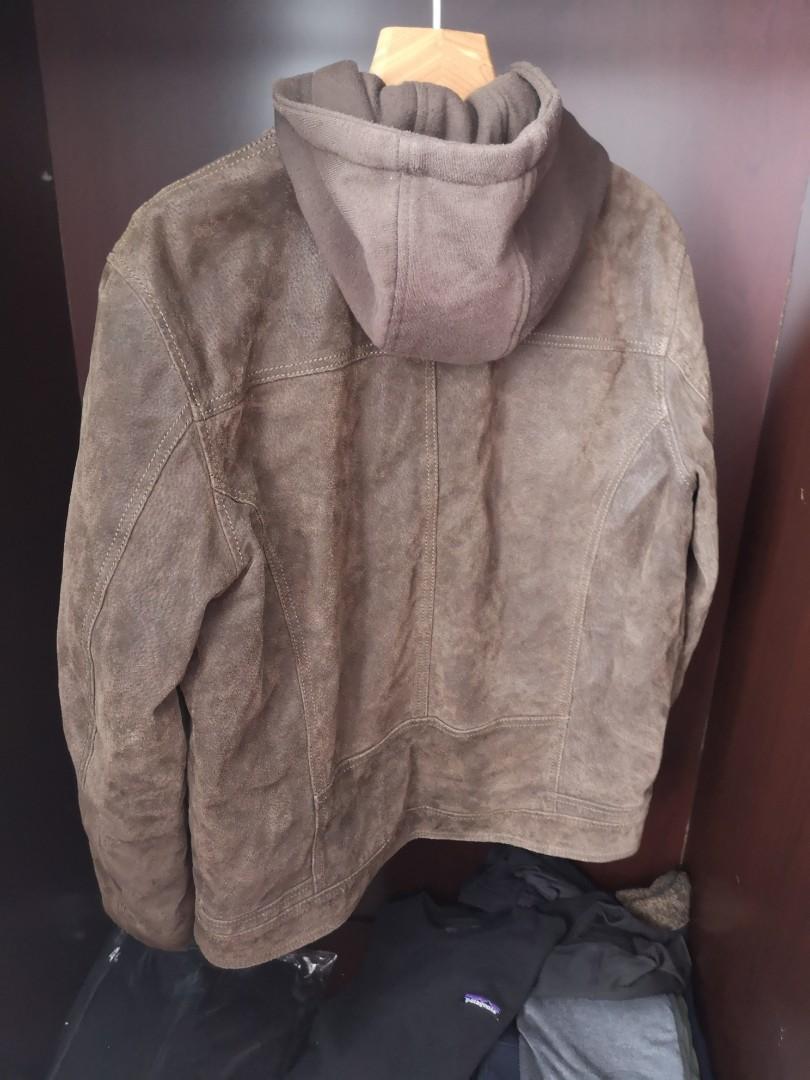 Black Rivet Suede Leather Jacket with removable hood (Mens, S), Men's ...