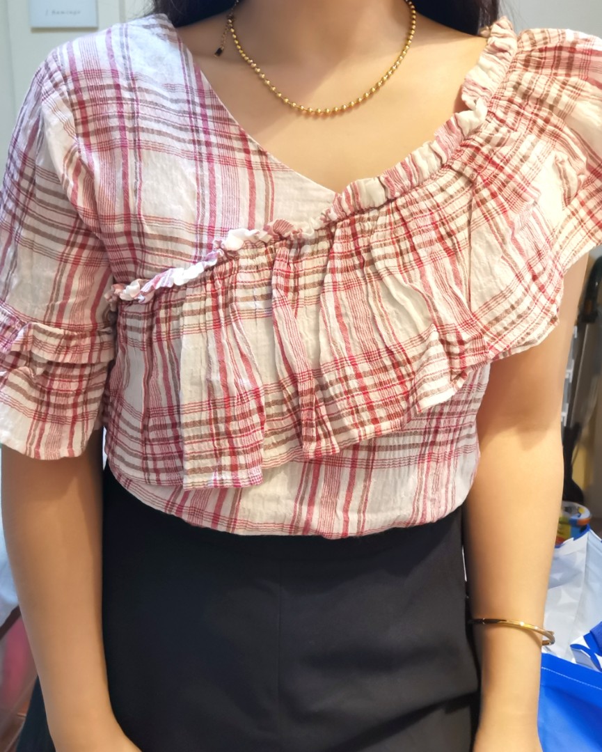 KOREAN Gingham Linen Assymetric Top, Women's Fashion, Tops, Blouses on ...