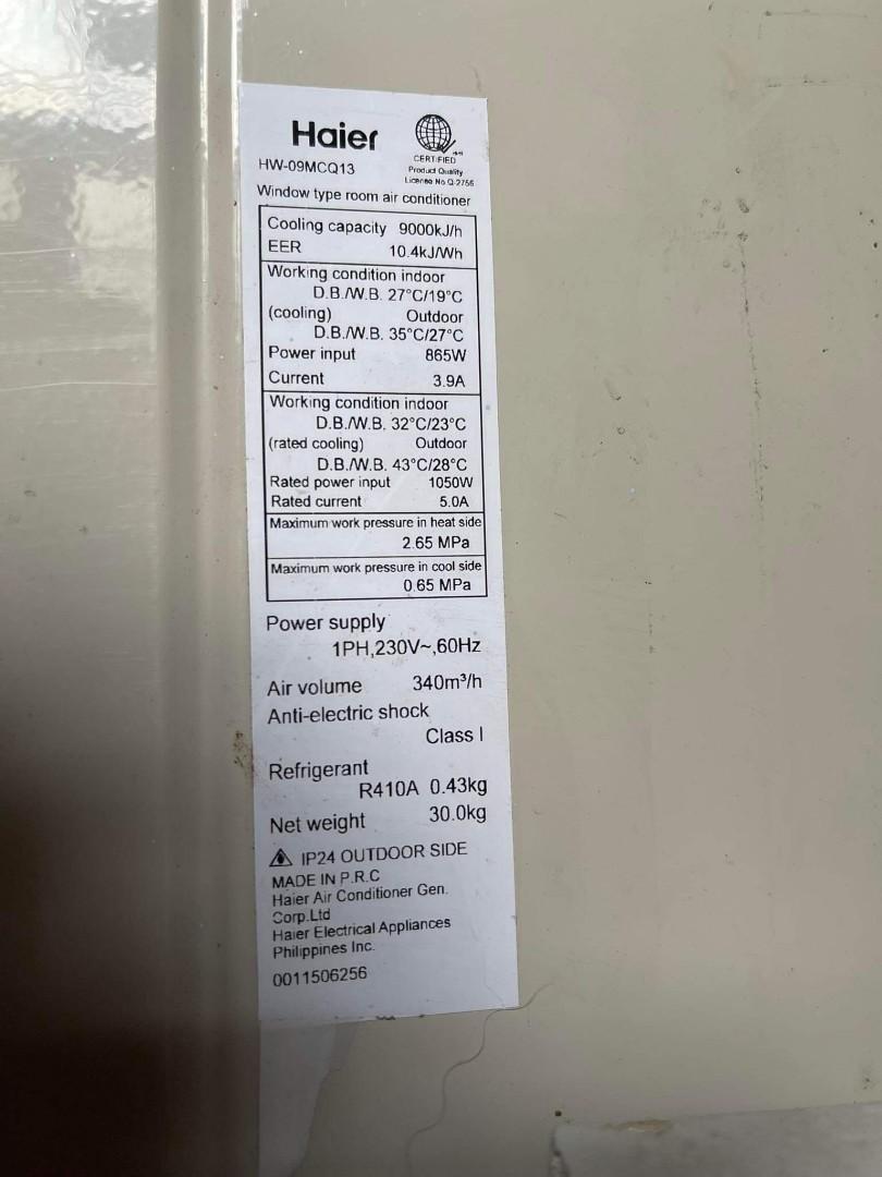 Haier aircon window type 1hp, TV & Home Appliances, Air Conditioning ...
