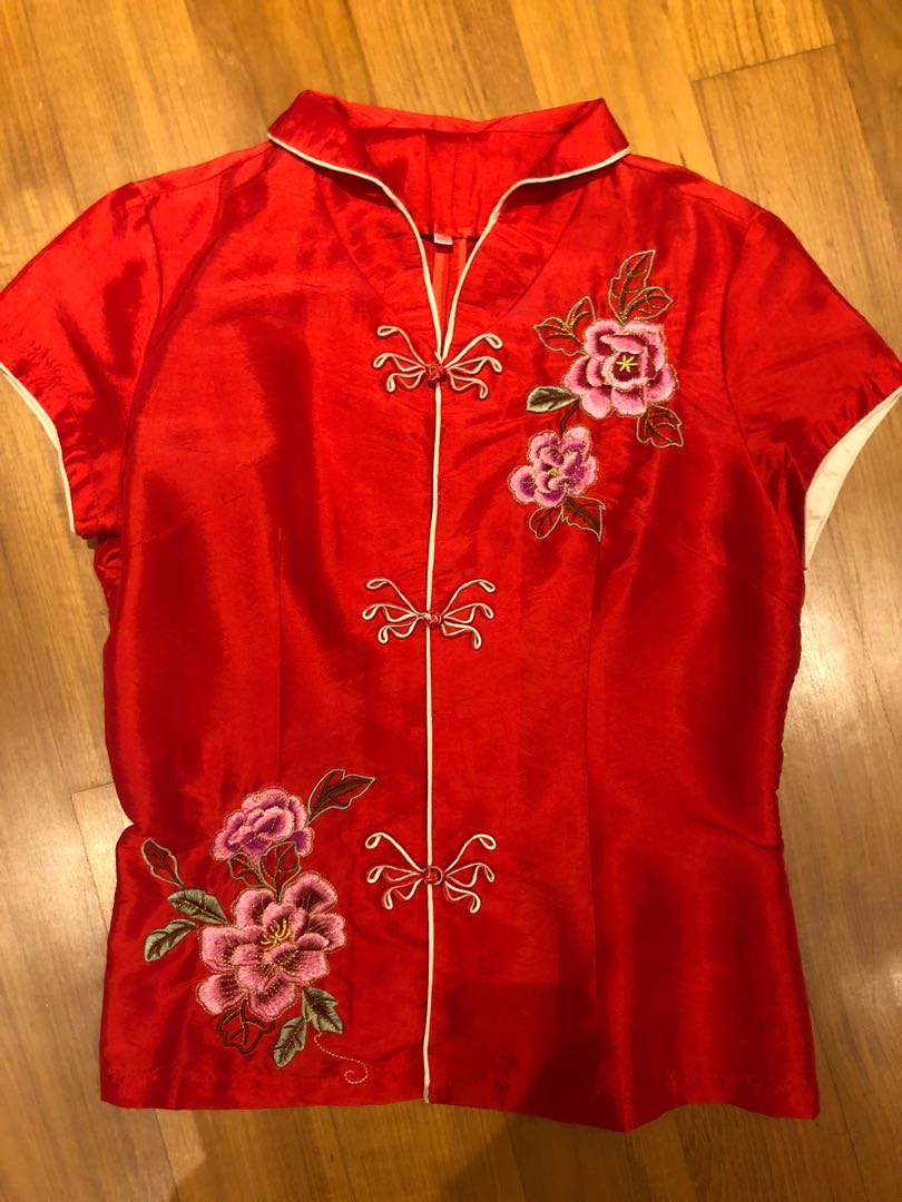 Red Floral Chinese Cheongsam Waitress Top, Women's Fashion, Dresses ...