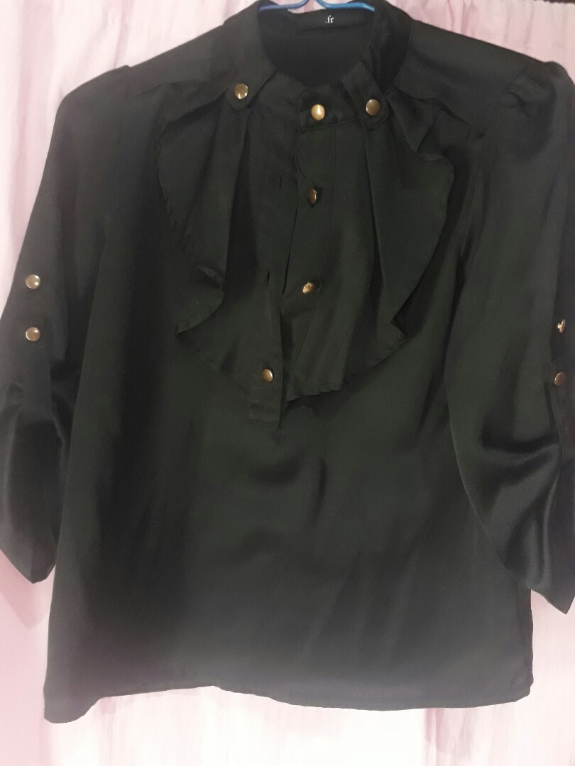 Black satin closed neck blouse, Women's Fashion, Tops, Blouses on Carousell