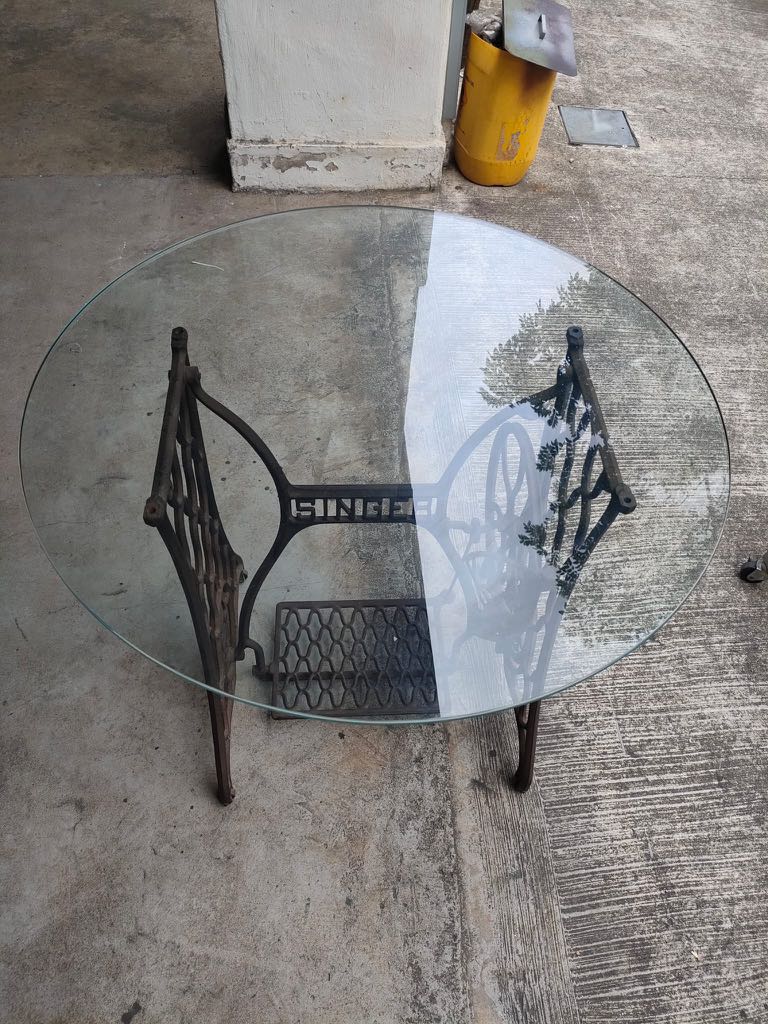 Singer stand w/round glass table top, Furniture & Home Living, Home ...