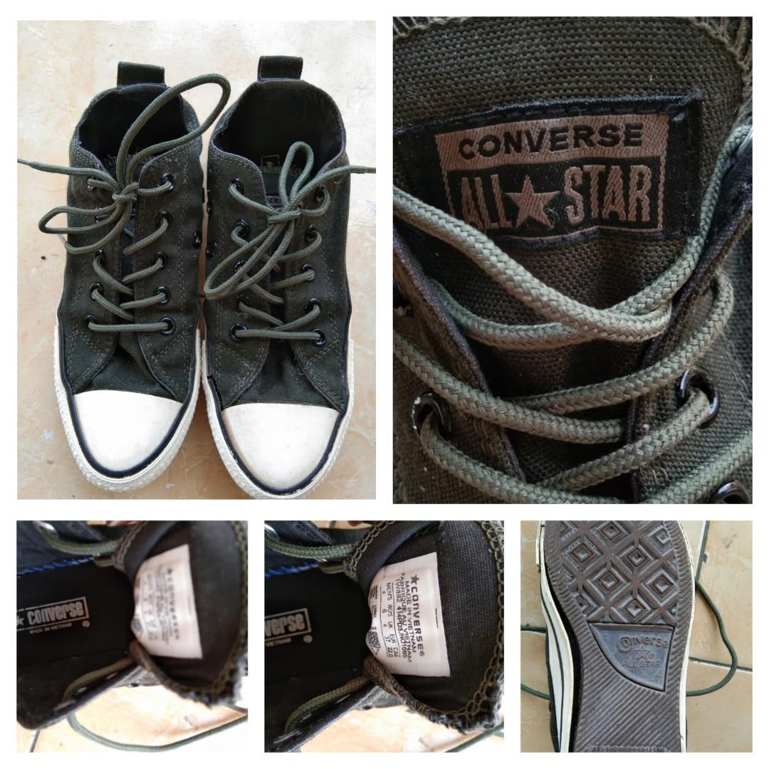 Sepatu Converse hijau lumut made in vietnam, Fesyen Wanita, Sepatu di Carousell