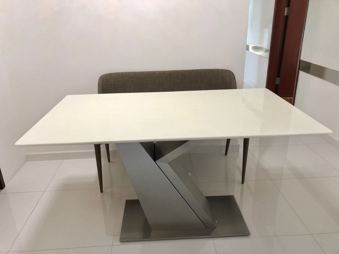Sparkling White Dining table with unique metal support , Furniture ...