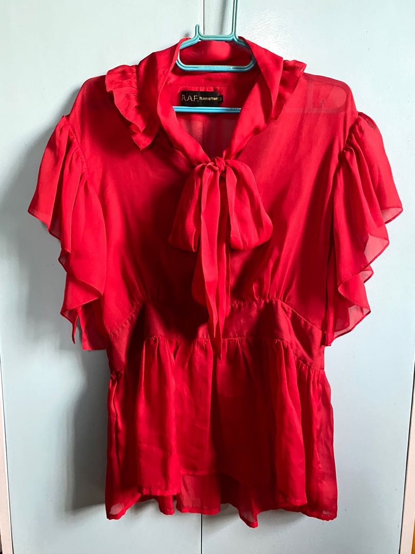 RAF red bow blouse, Women's Fashion, Tops, Blouses on Carousell