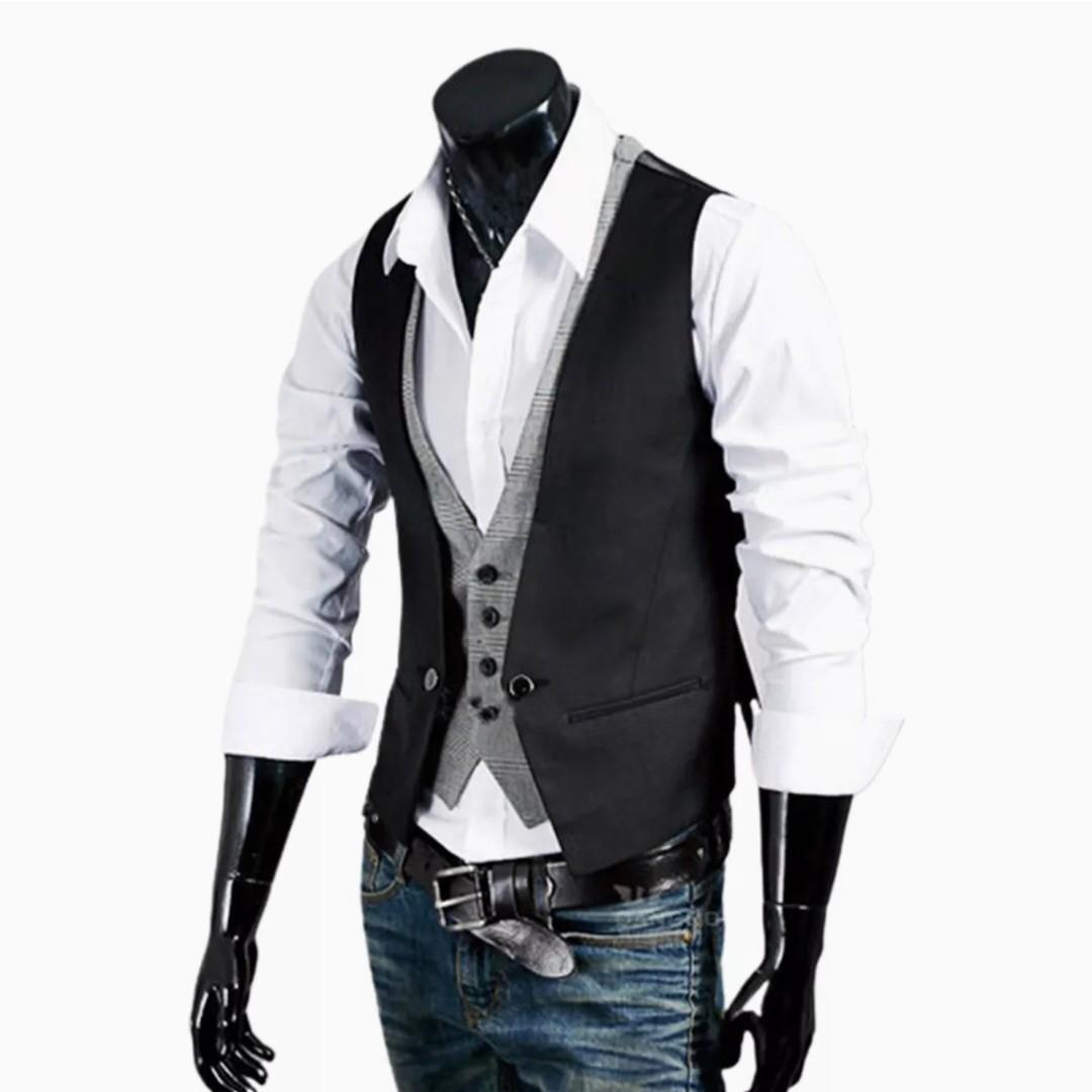Suit Vest Single Breasted Fake 2-piece Waistcoat, Men's Fashion, Tops ...