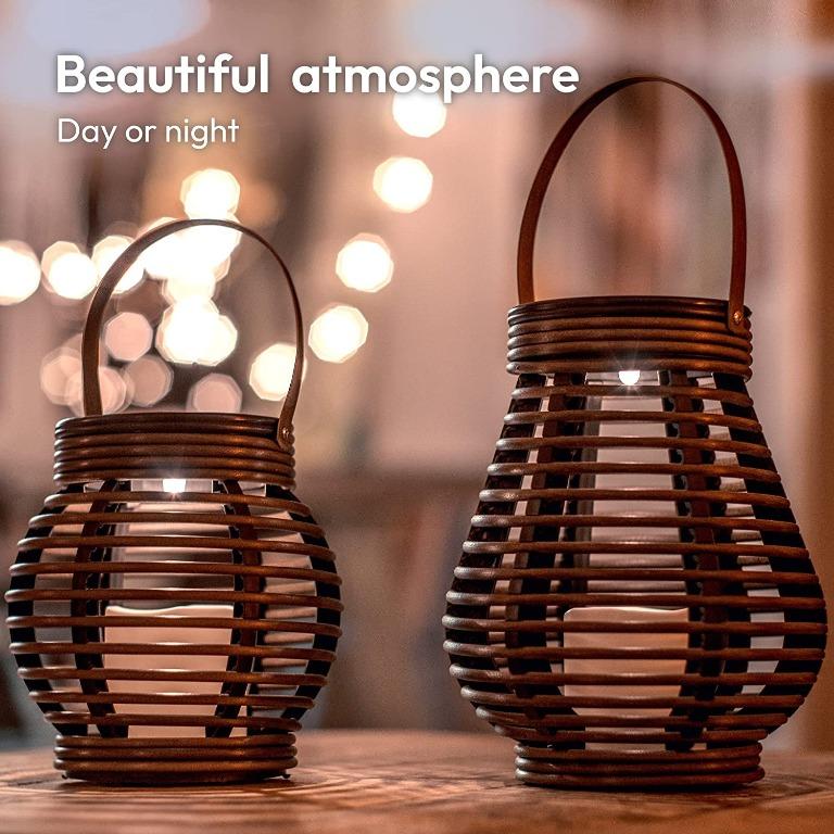 Gadgy Solar Rattan Lights | 2 Piece Solar Lanterns | Brown Marbled ...