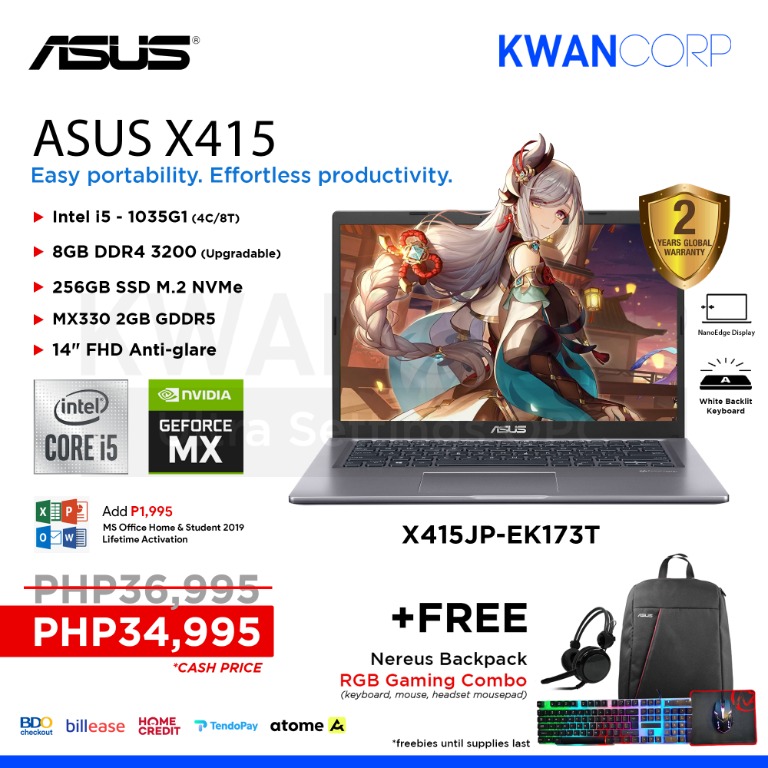 Asus X415JP-EK173T Intel i5 10th 8GB RAM MX330 2GB 256GB SSD 14" FHD Windows 10 Laptop ...