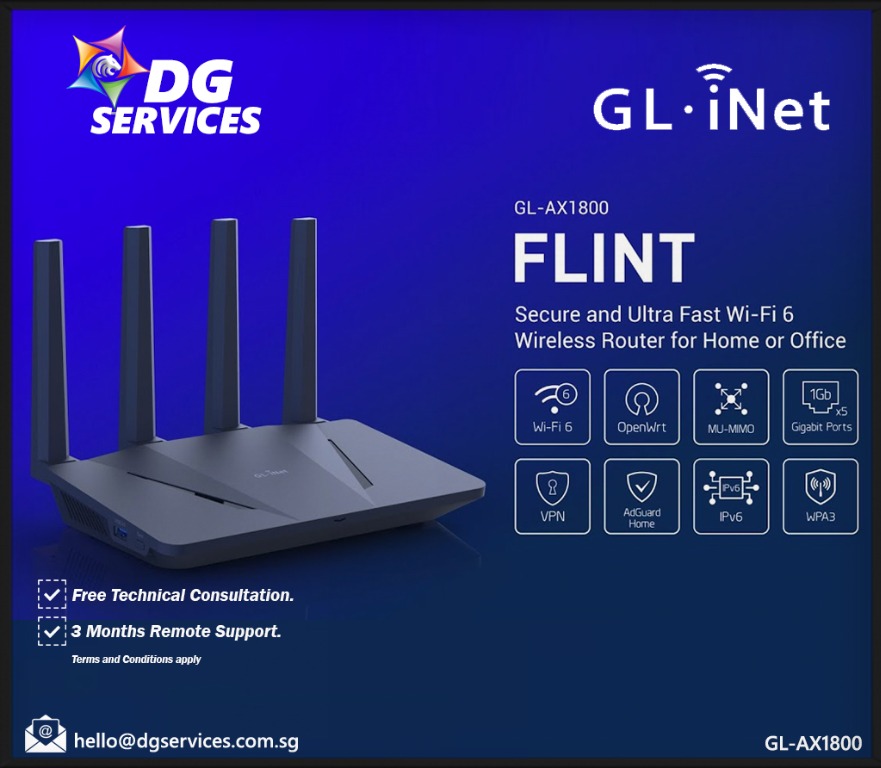 GL.iNet Flint Secure Ultra Fast Wi-Fi 6 AX1800 Dual Band Wireless ...