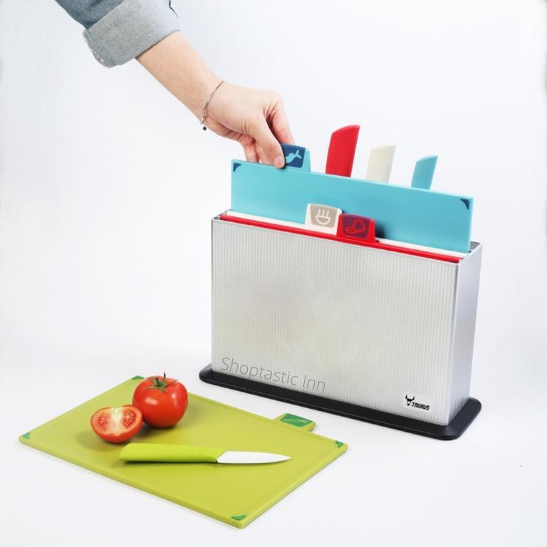Set of 4 Colour-Coded chopping Boards with Coordinated Knives ...