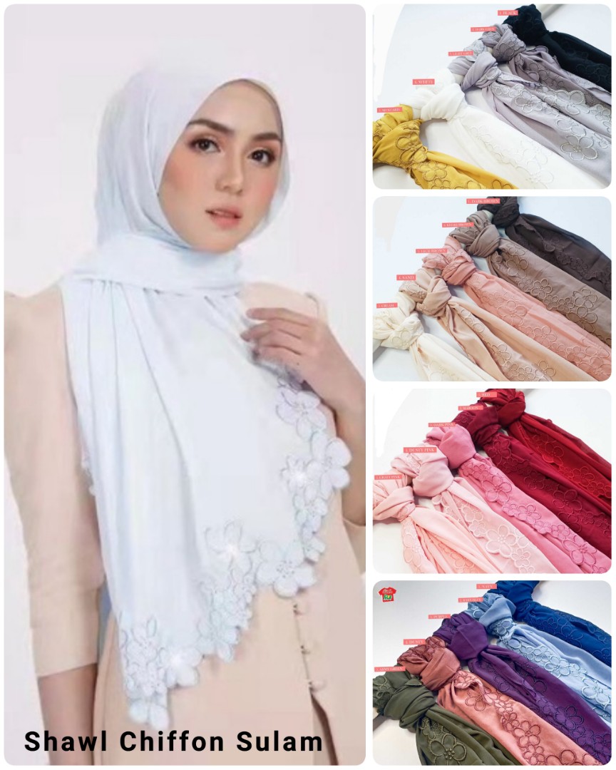 HEAVY CHIFFON SULAM EMBROIDERY TUDUNG SHAWL (1.8M), Women's Fashion ...