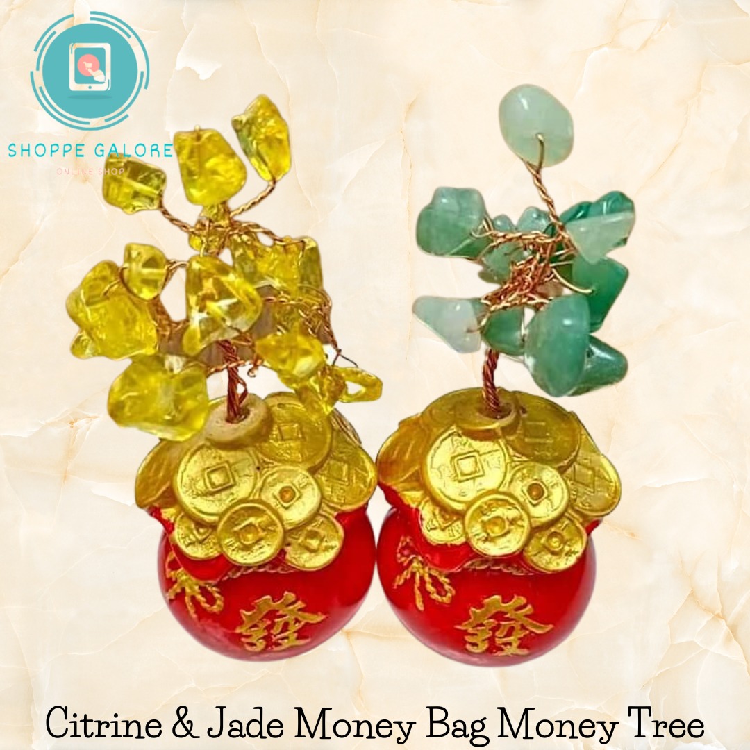 JADE CITRINE MONEY TREE MONEY BAG WEALTH FORTUNE FENG SHUI DISPLAY ...