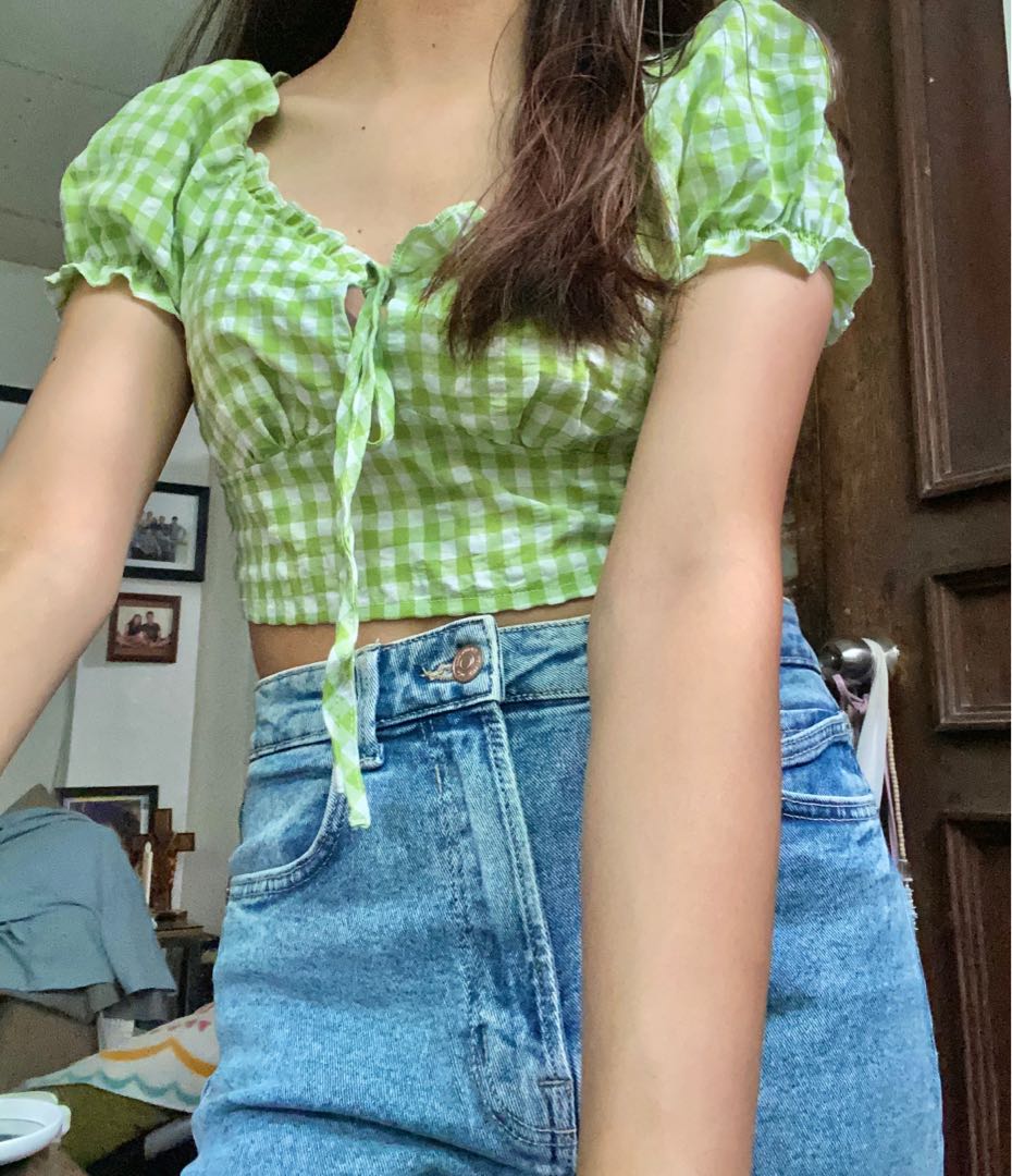 SHEIN Green checkered Cropped puff top ribbon, Women's Fashion, Tops ...