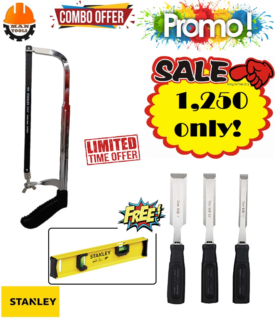 Stanley Adjustable Frame Hacksaw 24Tx10" & Stanley Wood Chisel set w ...