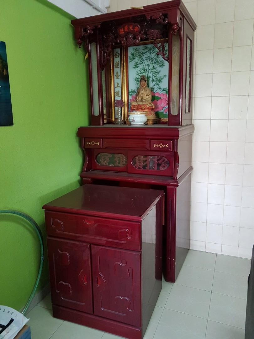 Buddhist altar standing cabinet with table and lights on, Furniture ...