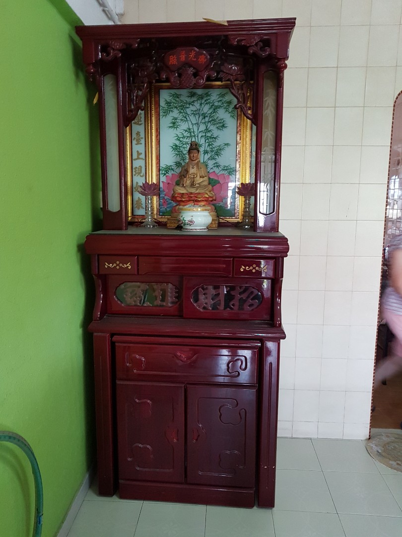 Buddhist altar standing cabinet with table and lights on, Furniture ...