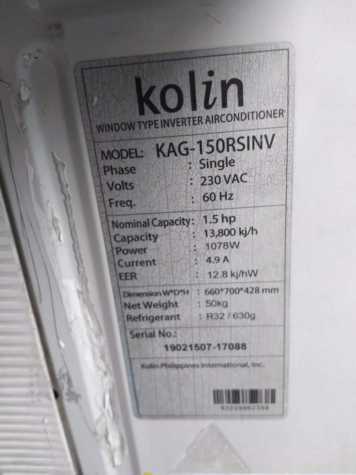 Kolin 1.5hp inverter window type, TV & Home Appliances, Air ...