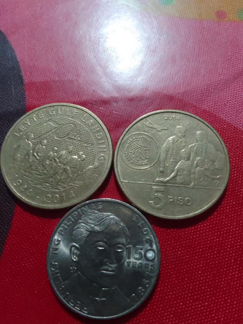 One peso 150 years Jose Rizal commemorative 5 peso bagong bayani and 70 ...