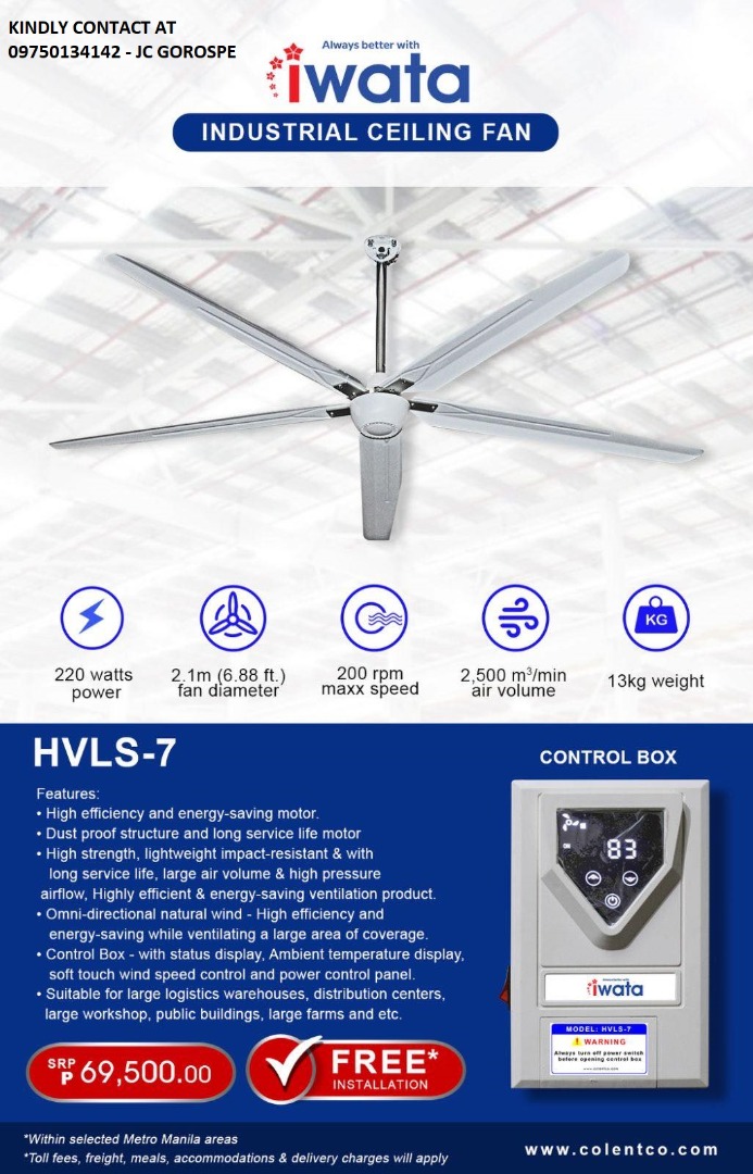IWATA INDUSTRIAL CEILING FAN HVLS 7, Furniture & Home Living, Lighting ...