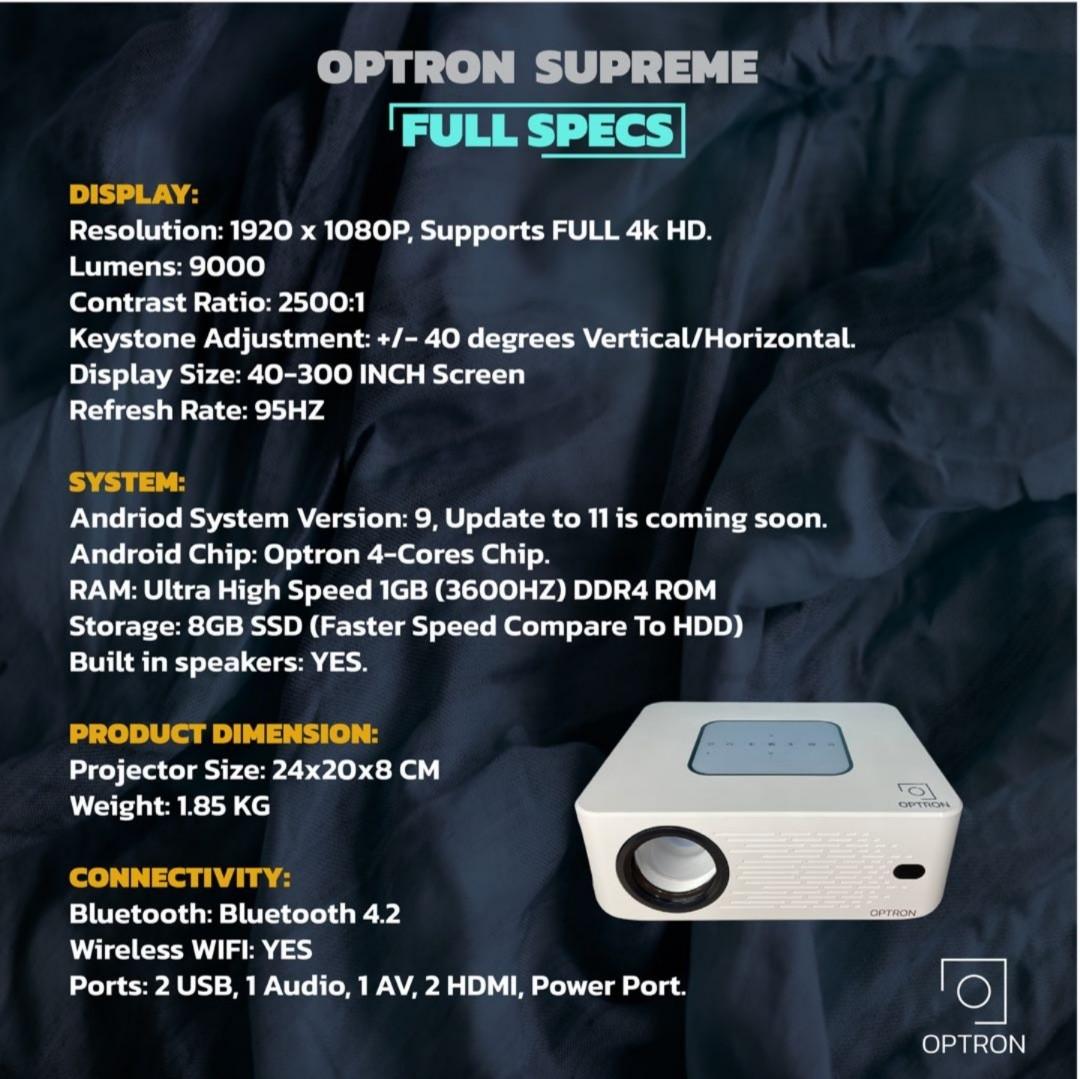 Optron Supreme projector. Portable projector. Smart tv. Tv. Lumos aura ...