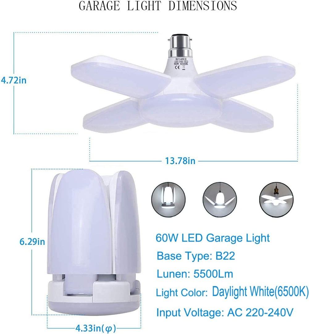 HZSANUE B22 Bayonet LED Garage Light 60W, 6500K Daylight White 5500Lm Deformable Workshop Lamp ...