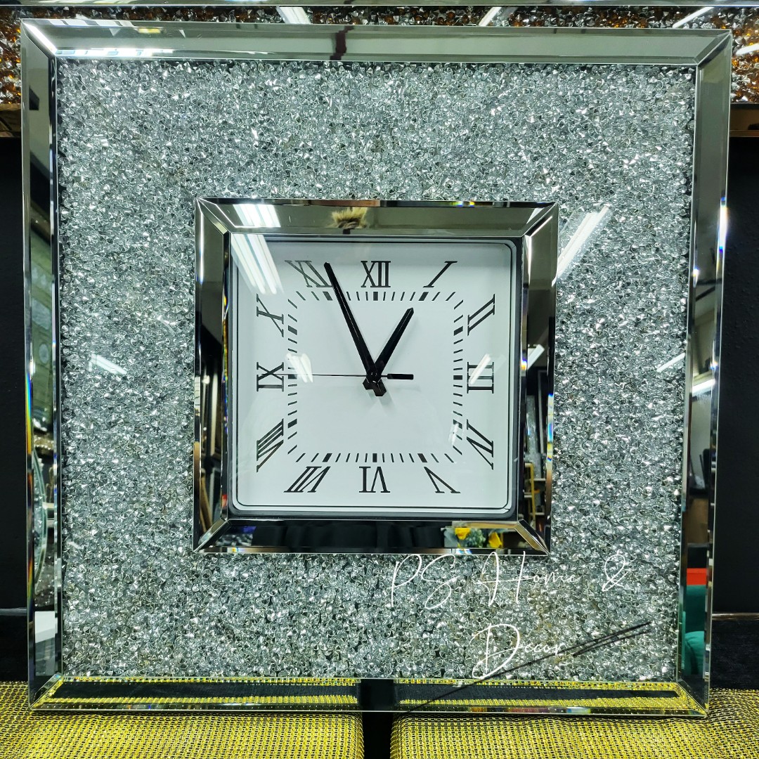 In Stock Sparkly Crushed Diamond Mirrored Clock 60cm, Furniture & Home ...