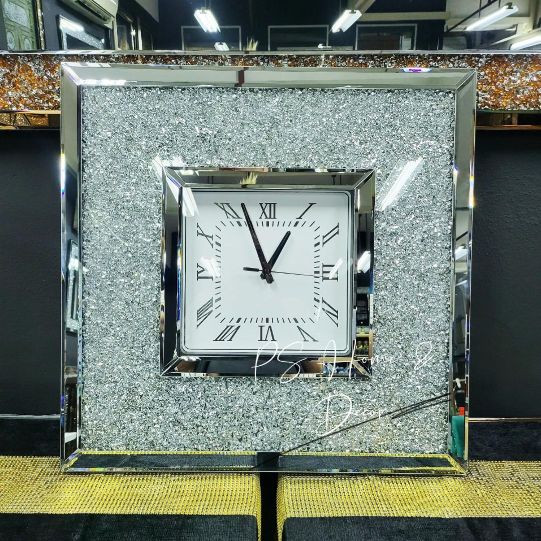 In Stock Sparkly Crushed Diamond Mirrored Clock 60cm, Furniture & Home ...