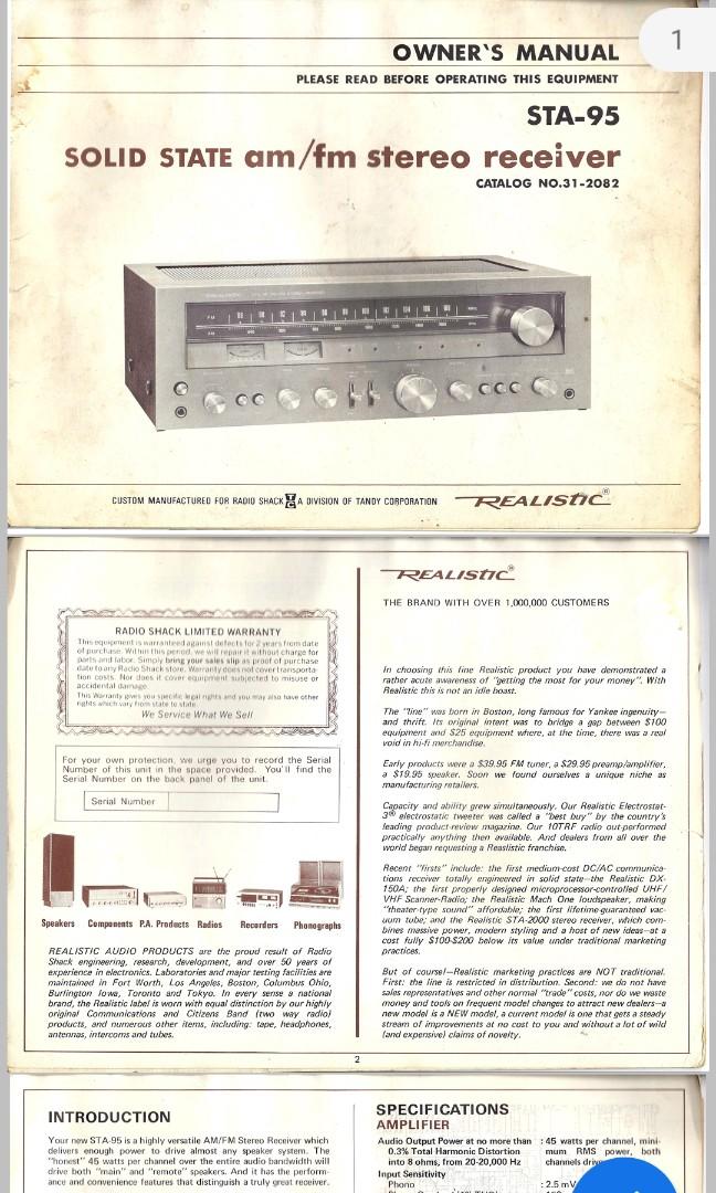 REALISTIC STA-95 Amplifier (Solid State am/fm receiver, Audio ...